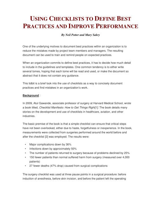 using checklists to define best practices and improve performance