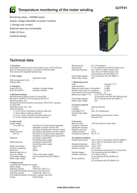 Temperature monitoring of the motor winding Technical data