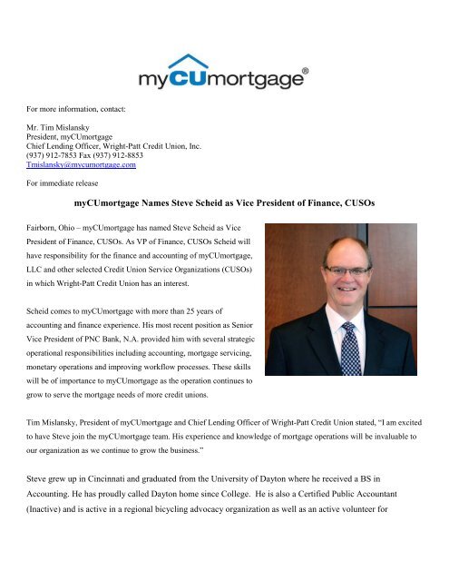 myCUmortgage Names Steve Scheid as Vice President of Finance ...