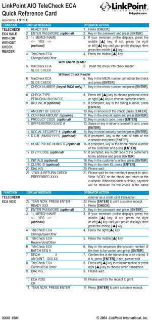 LinkPoint AIO TeleCheck ECA Quick Reference Card - First Data