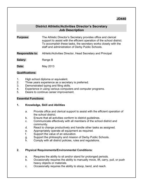JD440 District Athletic/Activities Director's Secretary Job Description