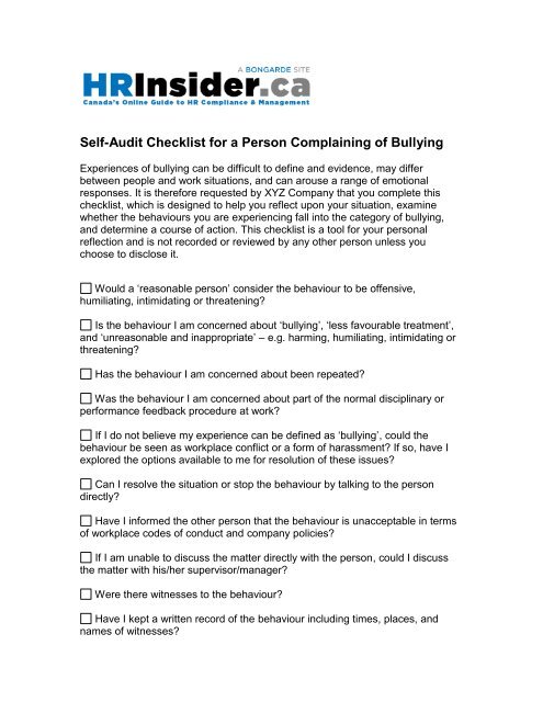 Self-Audit Checklist for a Person Complaining of Bullying - HRInsider