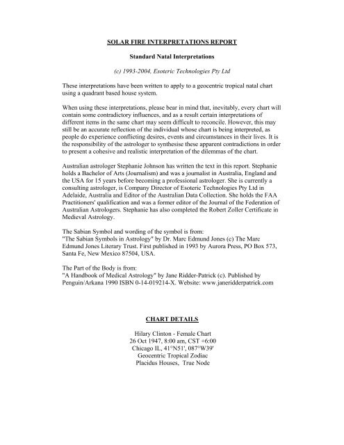 SOLAR FIRE INTERPRETATIONS REPORT Standard Natal ...