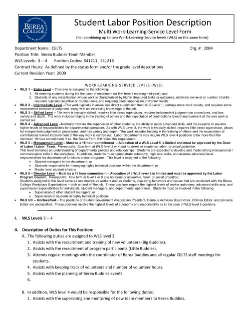 Student Labor Position Description - Berea College