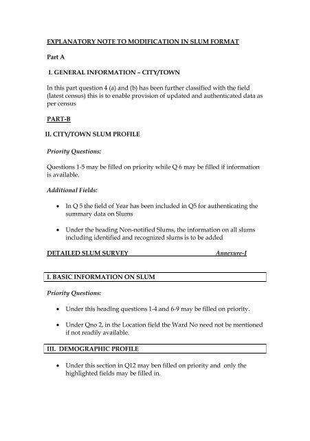 for Slum Socio Economic Survey in Cities and Towns - Explanatory