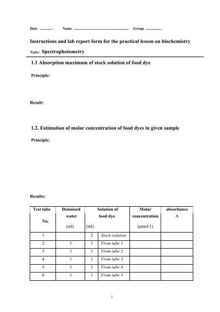 Instructions and lab report form for the practical lesson on ...