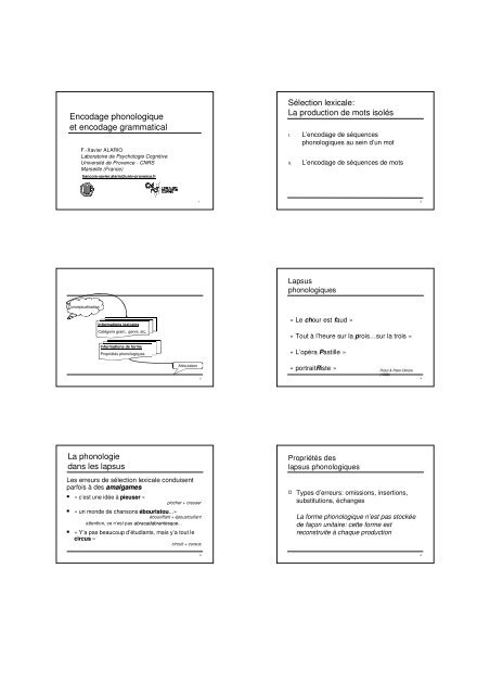 Encodage phonologique et encodage grammatical Sélection lexicale