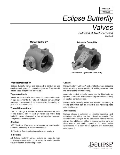 Tech Sheet for Eclipse Butterfly Valves Full Port & Reduced Port
