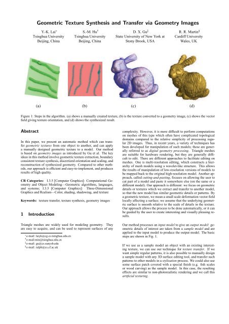 Geometric Texture Synthesis and Transfer via Geometry Images