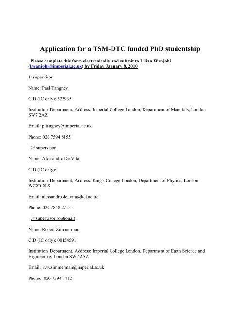 Application for a TSM DTC PhD studentship - Imperial College London