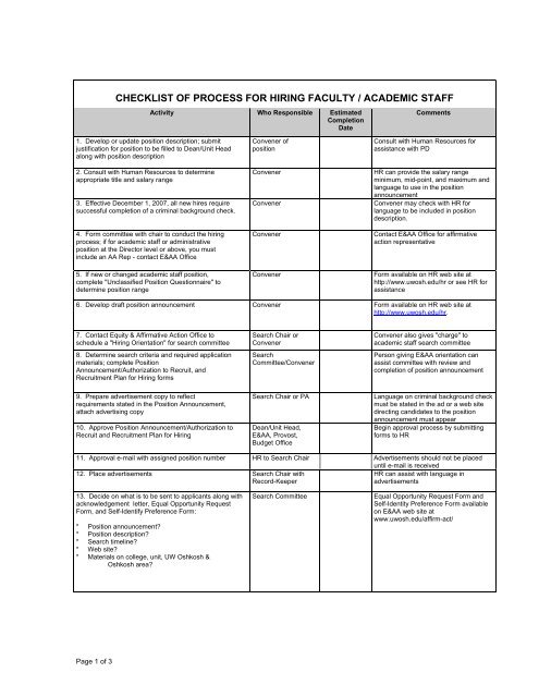 checklist of process for hiring faculty / academic staff