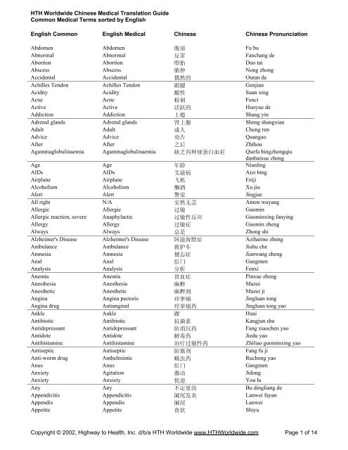 HTH Worldwide Chinese Medical Translation Guide Common ...