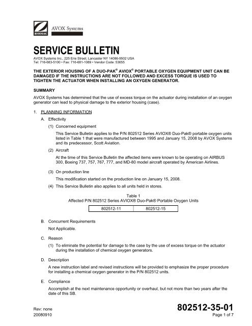 SERVICE BULLETIN - AVOX Systems, Inc.