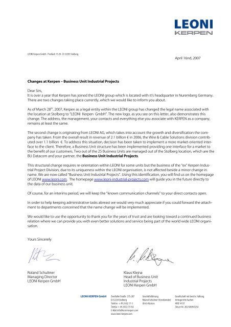 LEONI Kerpen GmbH ï Postfach 15 20 ï D-52203 Stolberg