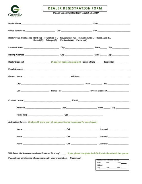 DEALER REGISTRATION FORM - Greenville Auto Auction