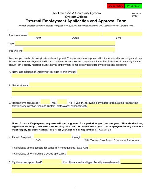 External Employment Application and Approval Form