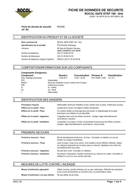FICHE DE DONNEES DE SECURITE