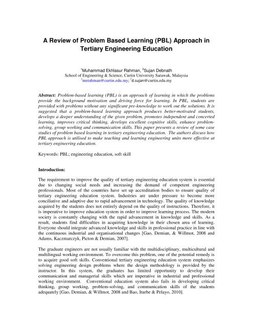 A Review of Problem Based Learning (PBL ... - Curtin University