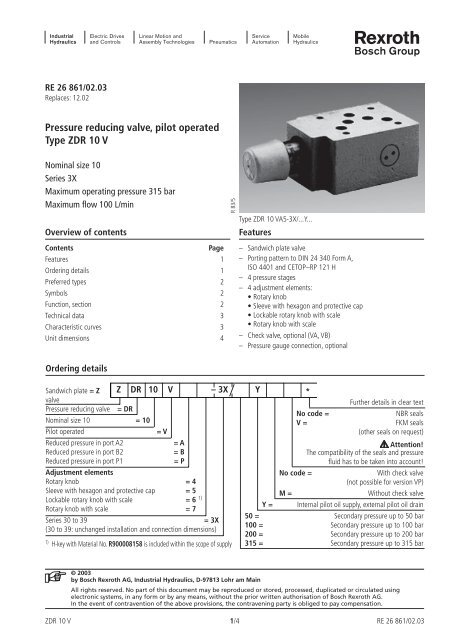 Pressure reducing valve, pilot operated Type ZDR 10 V