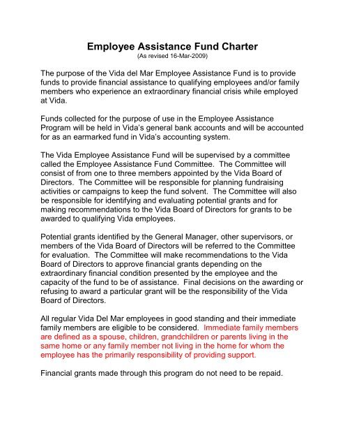 Employee Assistance Fund Charter - Vida del Mar