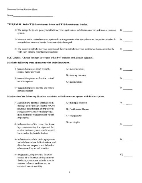 Nervous System Review Sheet TRUE/FALSE. Write 'T' if the ...