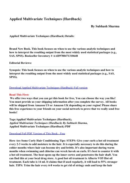Applied Multivariate Techniques (Hardback) pdf ebooks by Subhash ... Applied Multivariate Techniques (Hardback) pdf ebooks by Subhash ...