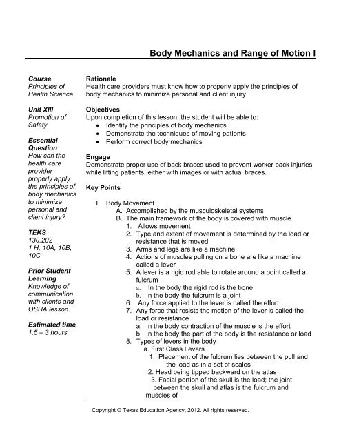 Body Mechanics and Range of Motion I - Health Science ...