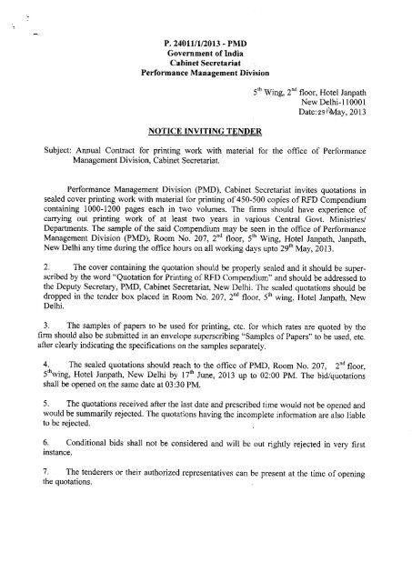 NOTICE INVITING TENDER - Performance Management Division