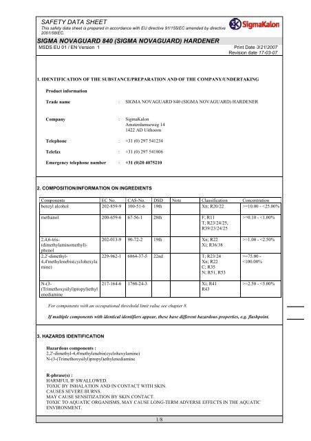 msds sigma novaguard 840 hardener - SIGMA PAINTS