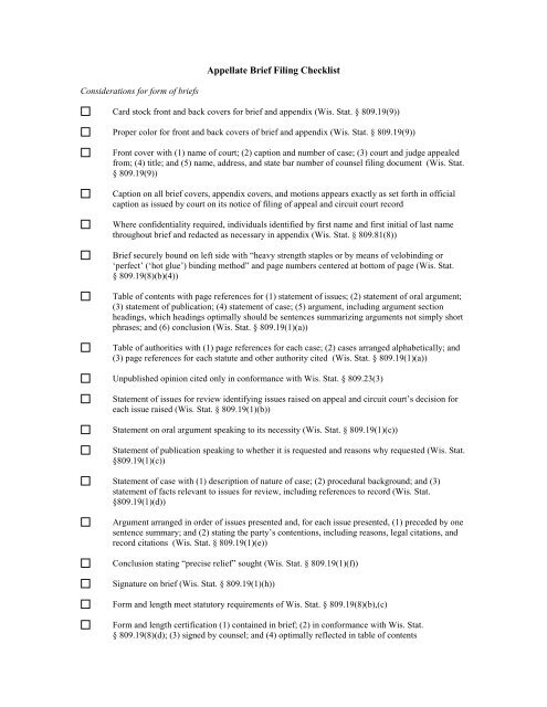 Appellate brief filing checklist