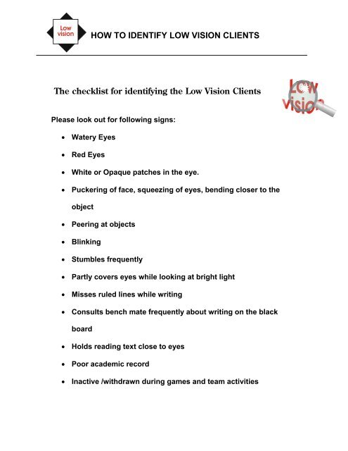 checklist for identifying the Low Vision Clients - LAICO