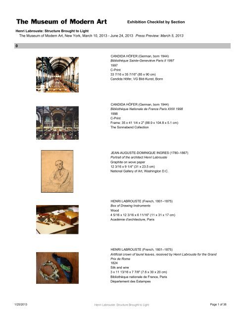 Exhibition Checklist by Section 0 - MoMA Online Press Office