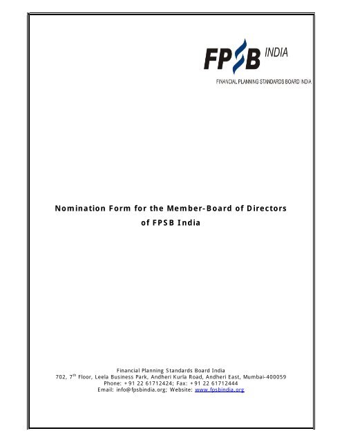 Nomination Form for the Member-Board of Directors of FPSB India