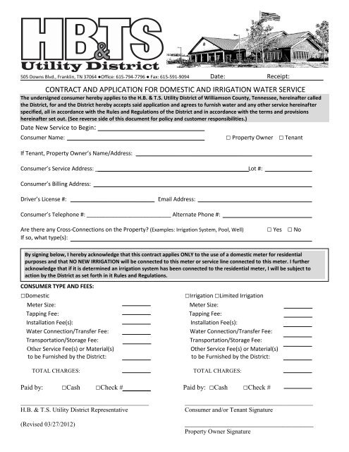Water Service Contract and Application - H.B.&T.S. Utility District