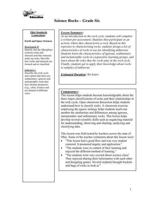 Science Rocks â Grade Six - ODE - Ohio Department of Education