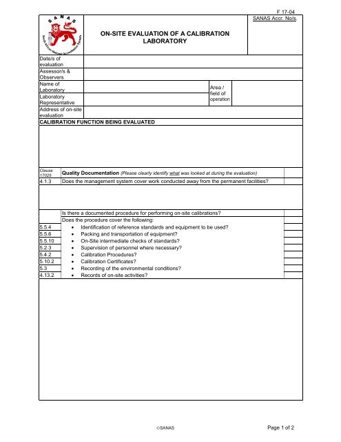 ON-SITE EVALUATION OF A CALIBRATION LABORATORY - Sanas