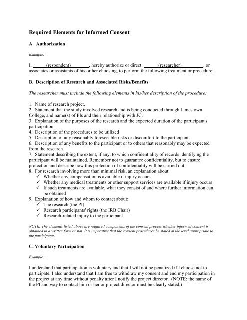Required Elements for Informed Consent - Jamestown College