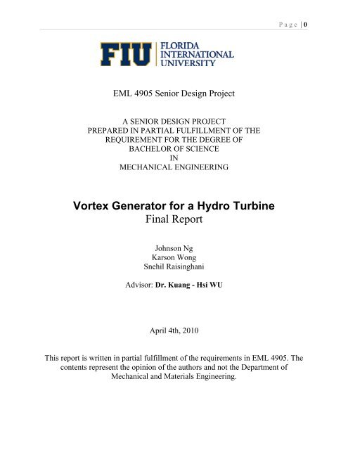 Vortex Generator for a Hydro Turbine - Engineering and Computing ...