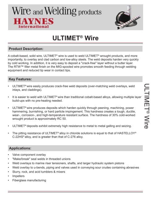ULTIMET ® RTW™ Filler Metal