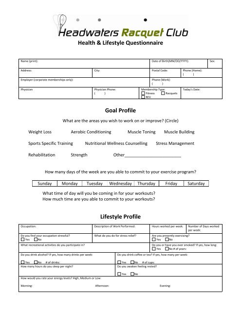 Health & Lifestyle Questionnaire Goal Profile Lifestyle Profile