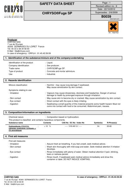 Master Safety Data Sheet CHRYSOÂ®Fuge SP
