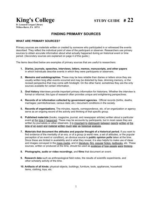 Finding Primary Sources - King's College Finding Primary Sources - King's College