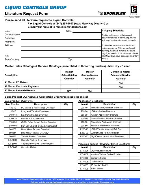 Literature Request Form - Liquid Controls