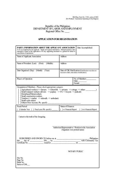For Worker's Asso. Operating in One Region - department of labor ...