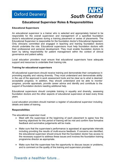 Educational Supervisor Roles & Responsibilities - Oxford Deanery