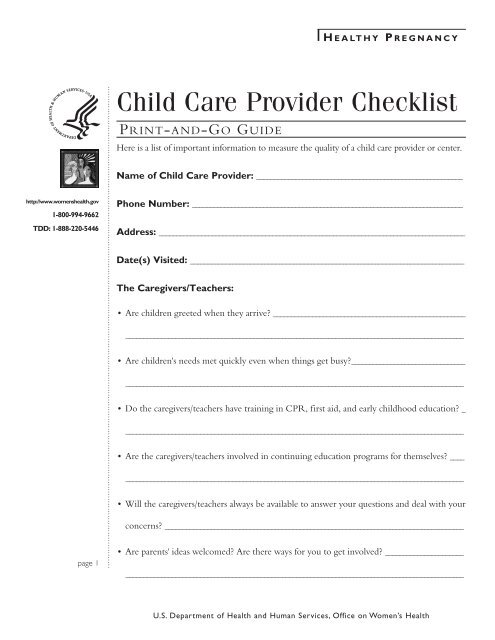 Child Care Provider Checklist - WomensHealth.gov