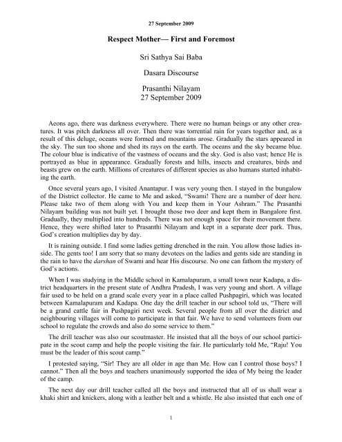 Respect Motherâ First and Foremost Sri Sathya Sai Baba Dasara ...