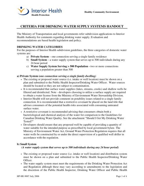 criteria for drinking water supply systems handout - Interior Health