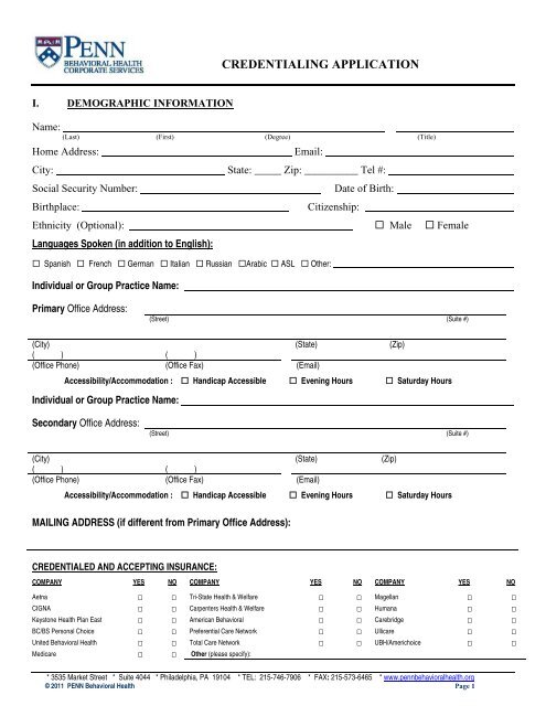 credentialing application - PENN Behavioral Health Corporate ...