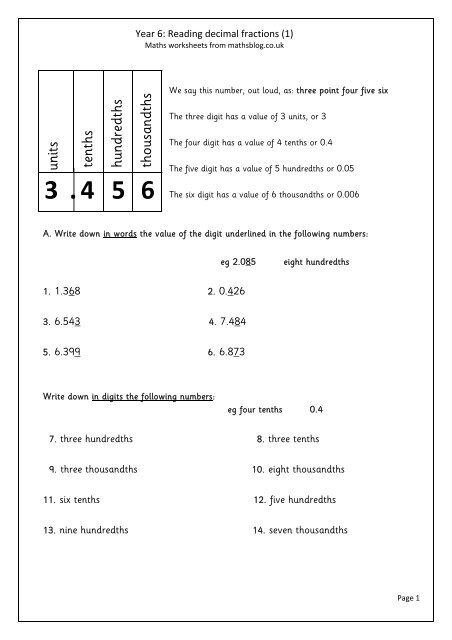 Reading decimal fractions (1) - Maths Blog